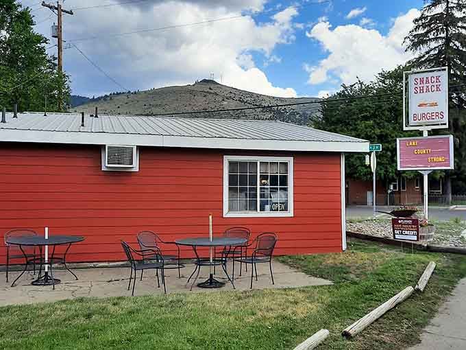 The Snack Shack's bright red exterior is basically a billboard that says good burgers are served here, no fine print needed.