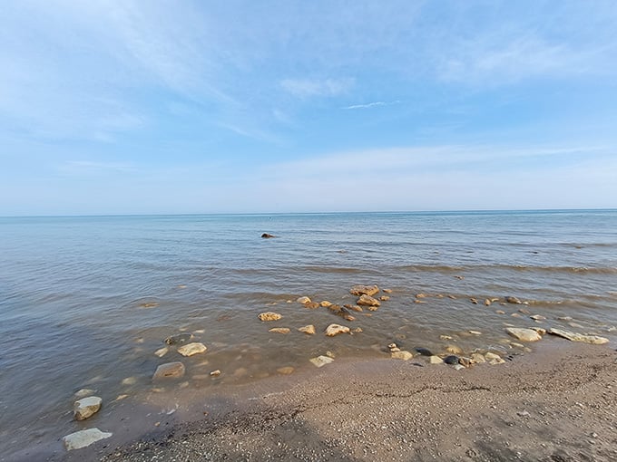 Lake Michigan on a calm day looks like it's been polished. You could stare at this for an embarrassingly long time.