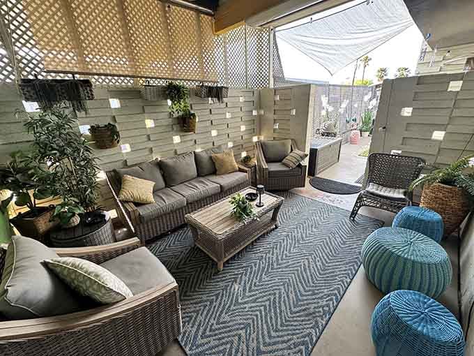 An unexpected outdoor patio offers comfortable seating because sometimes you need fresh air between strikes.