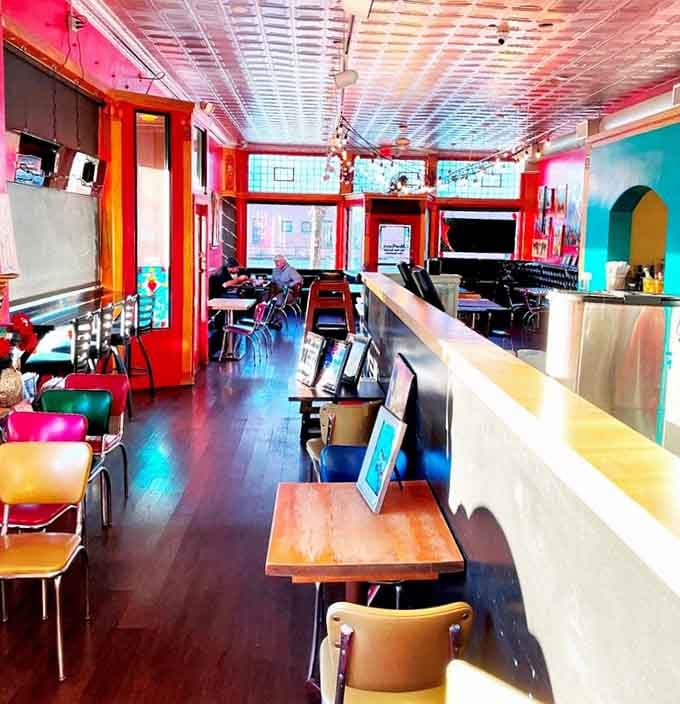Another angle reveals more colorful details in this space designed to make you smile before you've even ordered.