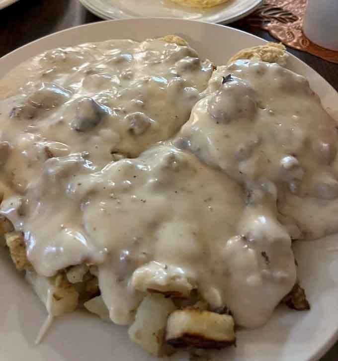 Biscuits and gravy so thick and generous, you'll want to write a thank-you note before you leave.