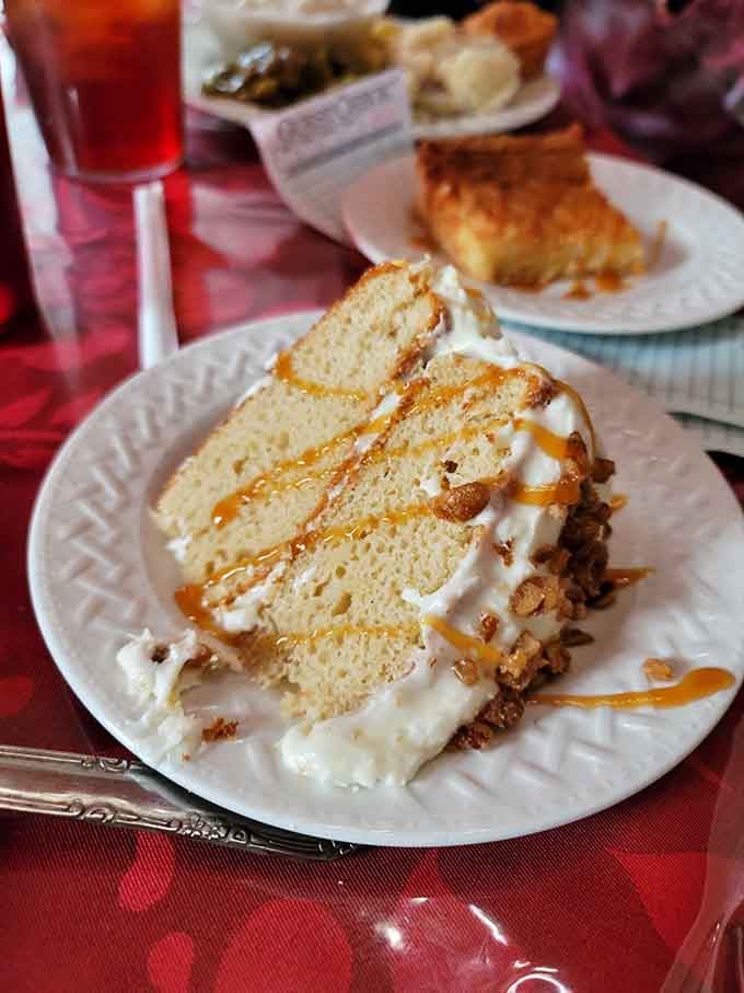A towering layer cake drizzled with caramel, because ending a great Southern meal without dessert is simply not an option.