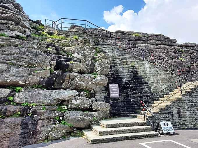 Ancient stone stairs meeting modern engineering, because getting to awesome requires a little effort first.