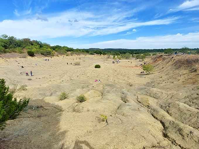 The wide fossil site stretches out under a big Texas sky, dotted with seekers of ancient wonders.