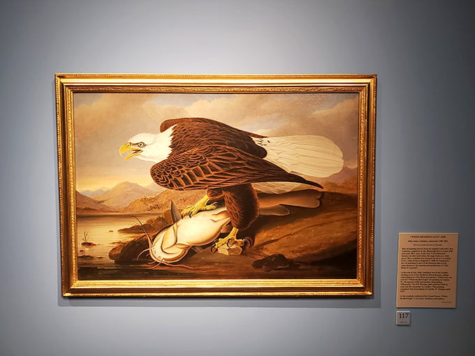 A bald eagle painted with stunning authority, framed in gold. America never looked quite this fierce hanging on a wall.