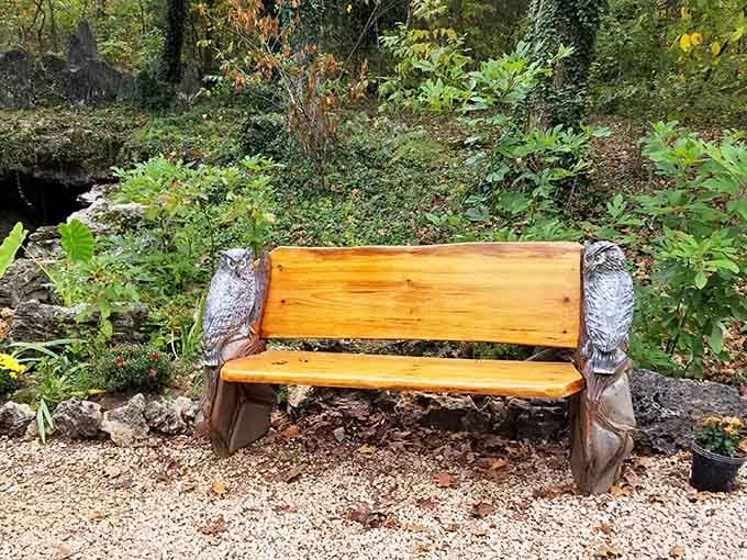 This handcrafted bench with owl sentries offers the perfect spot to rest between feeding kangaroos and exploring caves.