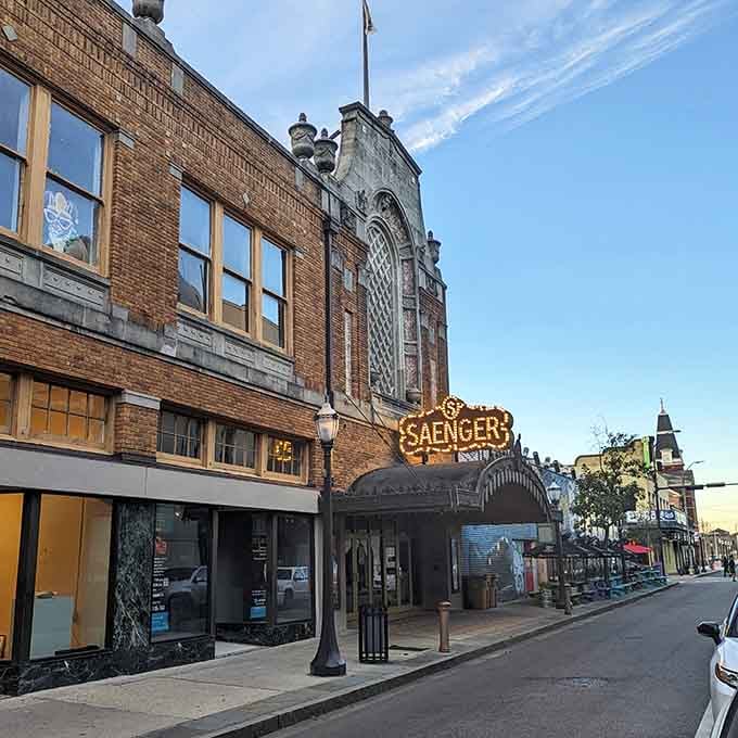 The Saenger Theatre's vintage marquee promises entertainment in a setting where going to the movies was an actual event.