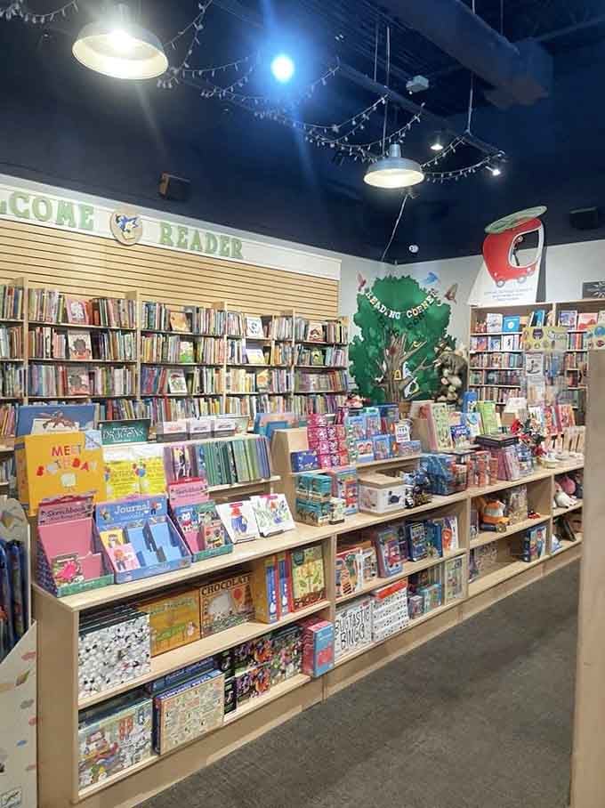 A kids' section that says "Welcome Reader" and actually means it, complete with colorful books, games, and pure childhood wonder.