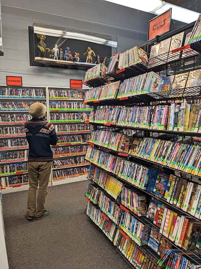 Young browsers discover the joy of wandering aisles, learning what their parents meant by "video store night."