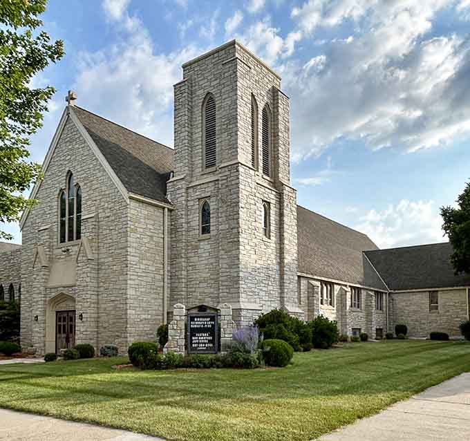 St. John's Evangelical Lutheran Church rises in sturdy limestone elegance, the kind of building that makes you slow down and look twice.