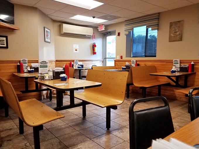 Wooden booths, tile floors, and condiments on every table. A dining room that says, "Sit down, relax, you're among friends."