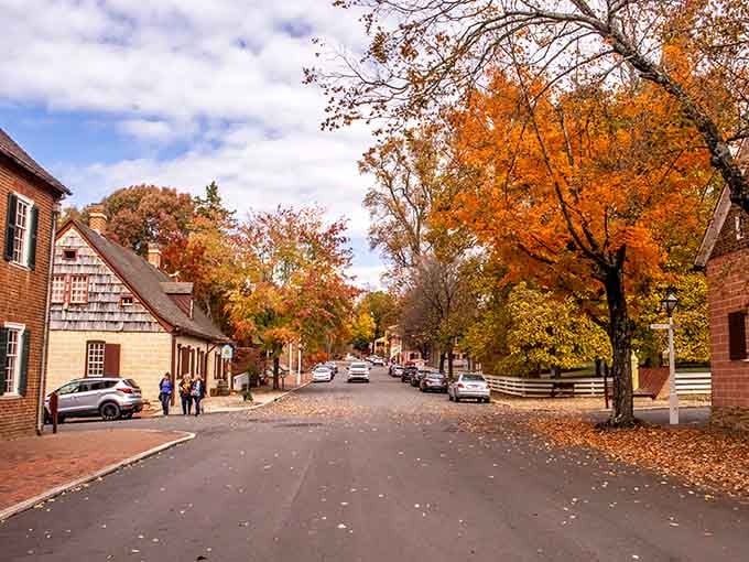 Old Salem in autumn is basically nature showing off. Those orange trees against historic brick are genuinely unfair.