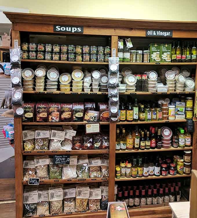 Soups, oils, and vinegars sharing one glorious shelf. Dinner inspiration hiding in plain sight, right here.