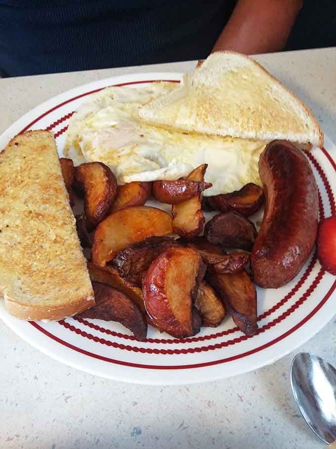 Classic eggs and sausage with toast, proving that sometimes the simple things in life are absolutely perfect.
