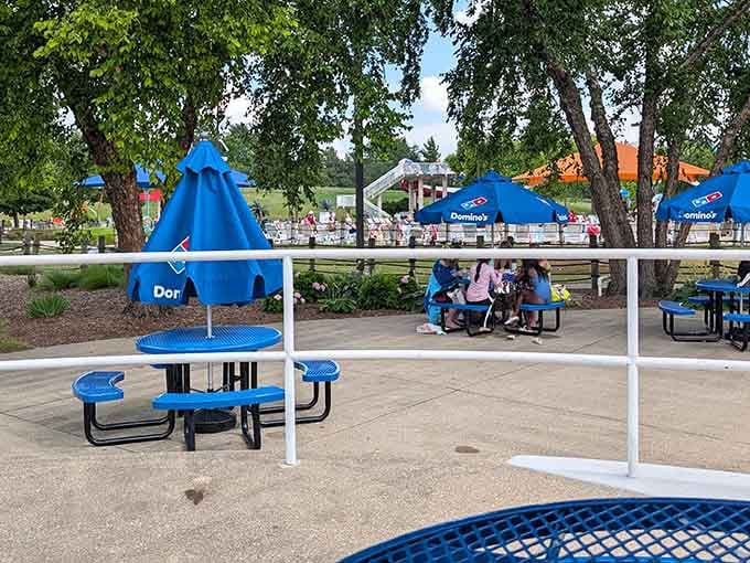 Domino's umbrellas, blue picnic tables, and good company. Fueling up between slides never looked this relaxed.