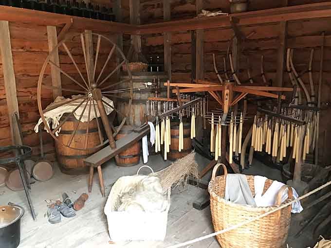 Candle-making tools, spinning wheels, and baskets, because someone had to keep the lights on before electricity showed up.