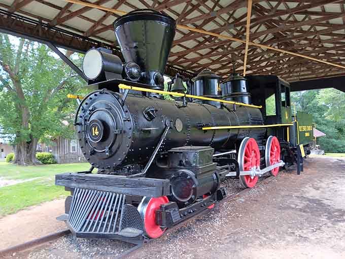 The gleaming black locomotive with crimson wheels represents the iron horse that transformed Alabama's landscape forever.