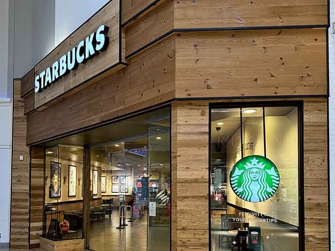 Starbucks wrapped in warm wood tones, because caffeine tastes better when the ambiance matches your latte.
