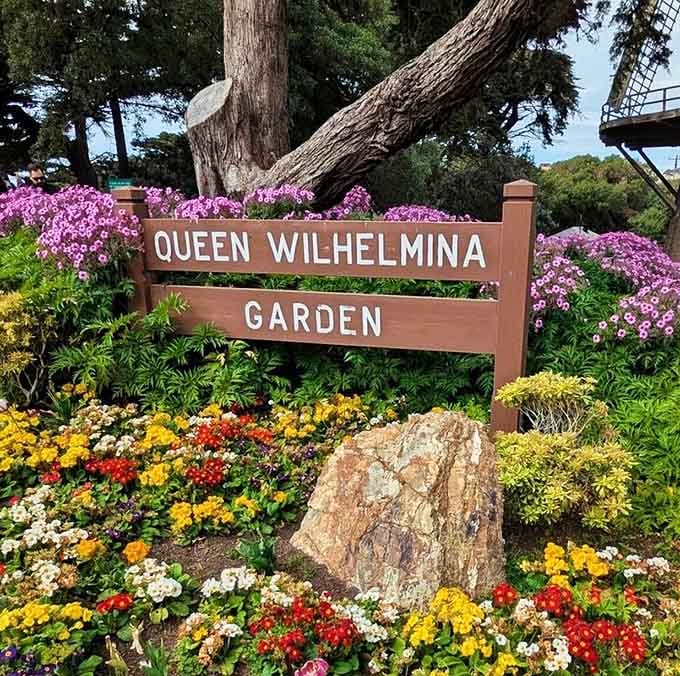 The entrance sign surrounded by blooms so vivid and cheerful, you almost feel underdressed just walking past it.