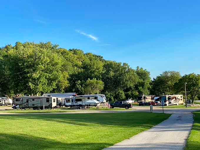 RVs lined up beneath a canopy of mature trees at Driftwood Campground look like the world's most relaxed neighborhood association meeting.