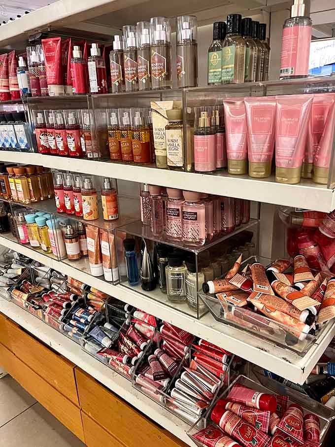 Beauty products line the shelves in fragrant rows, promising to make you smell like vacation destinations at outlet prices.