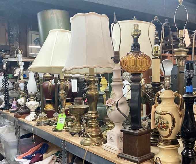 Vintage lamps cluster together like a lighting showroom from your grandmother's favorite decorating era.