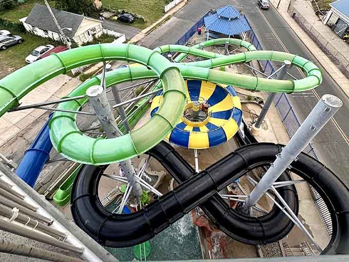 Looking straight down from the top of the tower, those green and black tubes below suddenly seem a lot more serious.