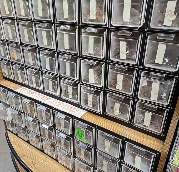Dozens of tiny drawers filled with rhinestone doo-dads, because every great creation deserves a little sparkle.