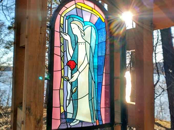 When sunlight hits this stained glass, it's like watching a kaleidoscope designed by someone who actually understood color theory and spirituality.