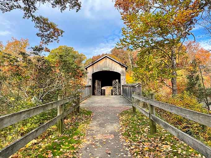 The Comstock Covered Bridge in fall is the kind of scene that makes you pull over and just stare.