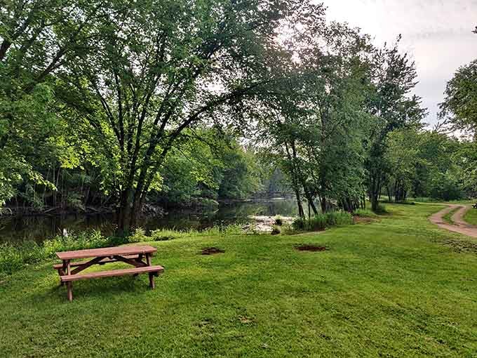 A picnic table by the river, dappled light through the trees. Some settings simply don't need improving.