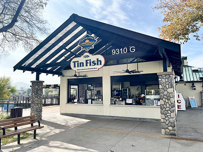 The Tin Fish restaurant stands ready to fuel your lakeside adventures without requiring you to actually cook anything yourself.