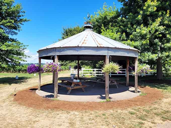 A converted grain bin gazebo draped in hanging flowers is exactly the charming surprise Sauvie Island keeps delivering.