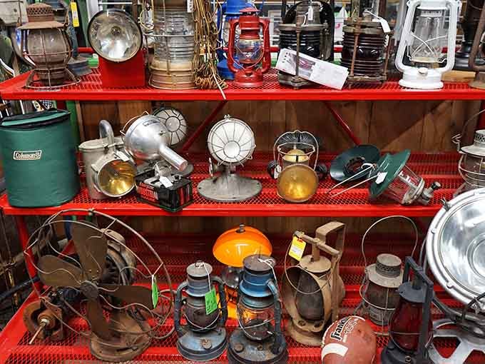 Lanterns and camping gear from eras when outdoor adventures meant actual disconnection, not just airplane mode.
