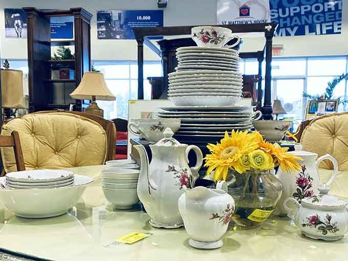Vintage china sets stacked high remind you of Sunday dinners at relatives' houses back in the day.
