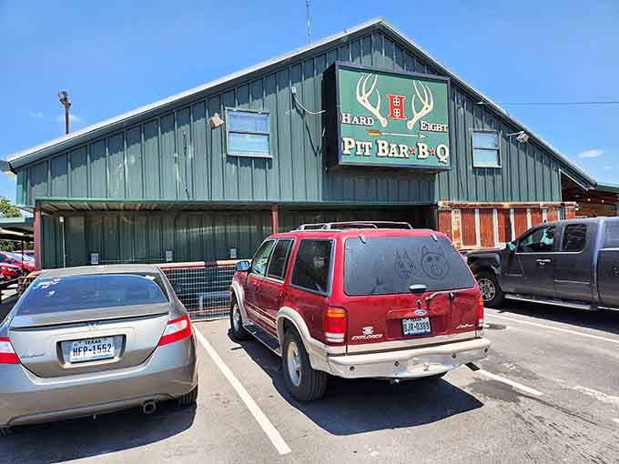 Hard Eight BBQ's green barn exterior means one thing, serious smoke, serious meat, and absolutely no apologies about it.