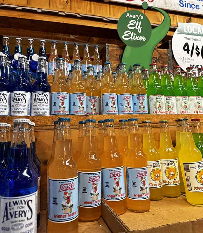 Local Connecticut sodas from Avery's sitting right there on the shelf. This is hometown pride you can actually taste.