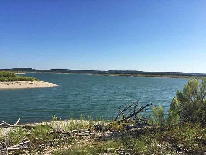 Rugged shoreline, driftwood, and blue-green water prove the Hill Country doesn't need a filter.