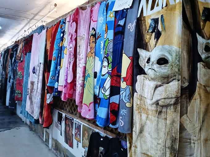 Baby Yoda watching over a row of Disney princesses, this blanket display is basically the whole streaming era on a hanger.