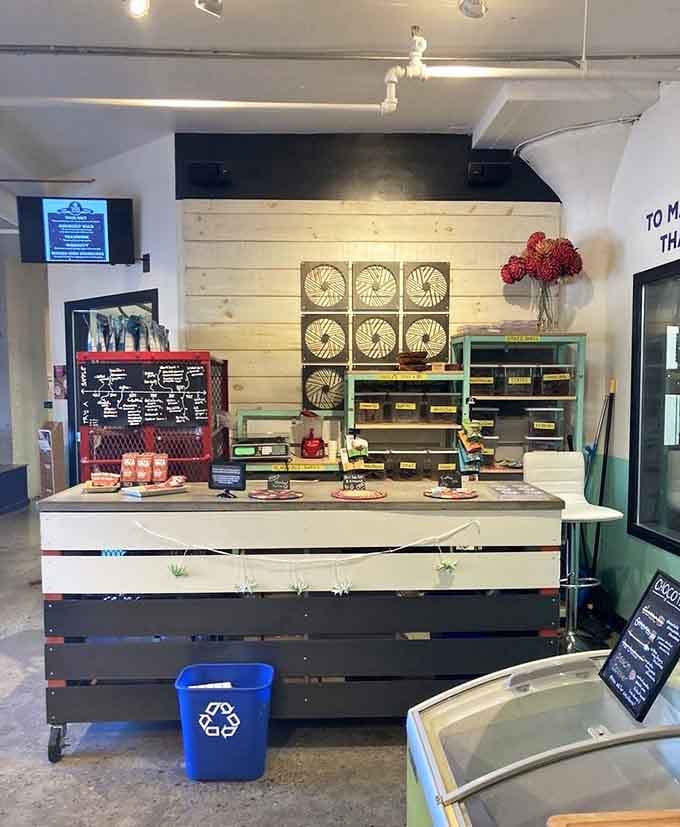 The tasting counter at Taza, where wooden bowls of chocolate chunks invite you to try before you commit.