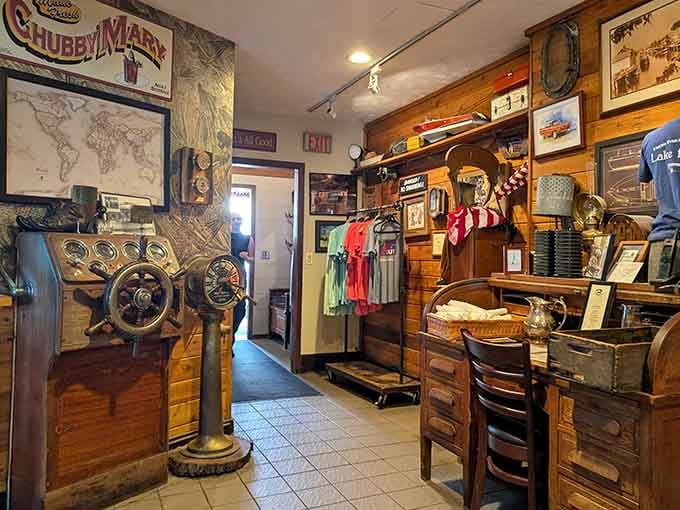 Maritime memorabilia and a ship's wheel remind you this isn't some corporate chain pretending to have character.