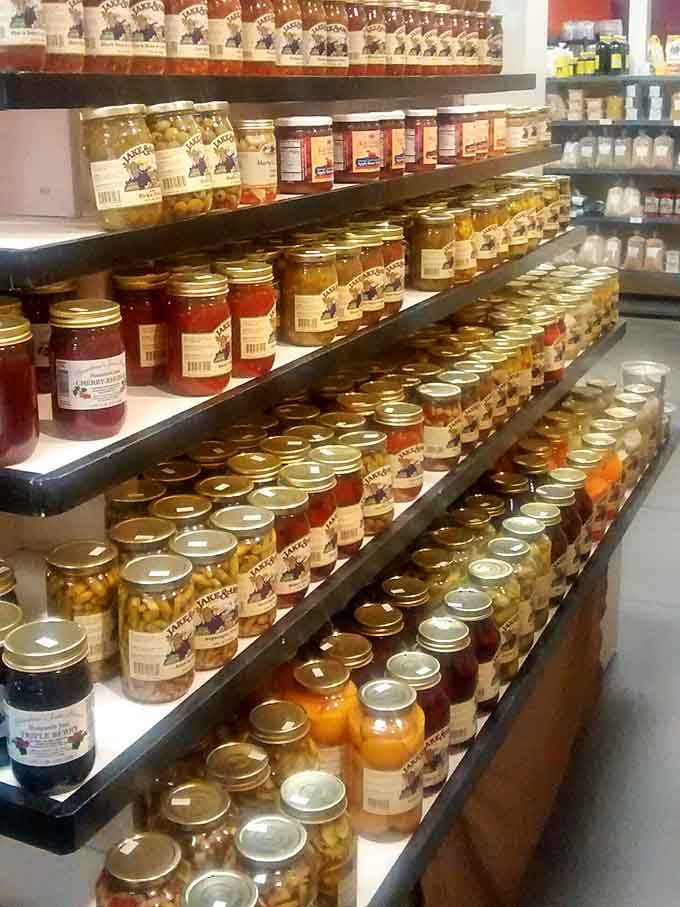 Rows and rows of Jake and Amos jarred goods. This is what a pantry dreams about when it goes to sleep.
