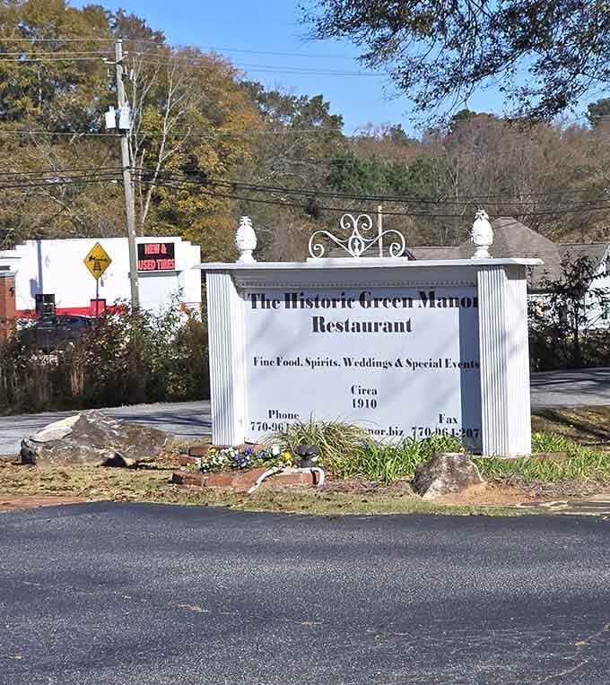 That roadside sign reading "Fine Food, Spirits, Weddings and Special Events, Circa 1910" tells you everything worth knowing before you even park.