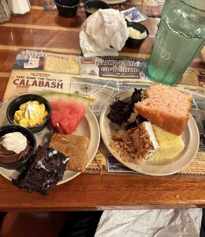 Dessert plates loaded with cake, pie, and watermelon, because one sweet ending is never quite enough here.