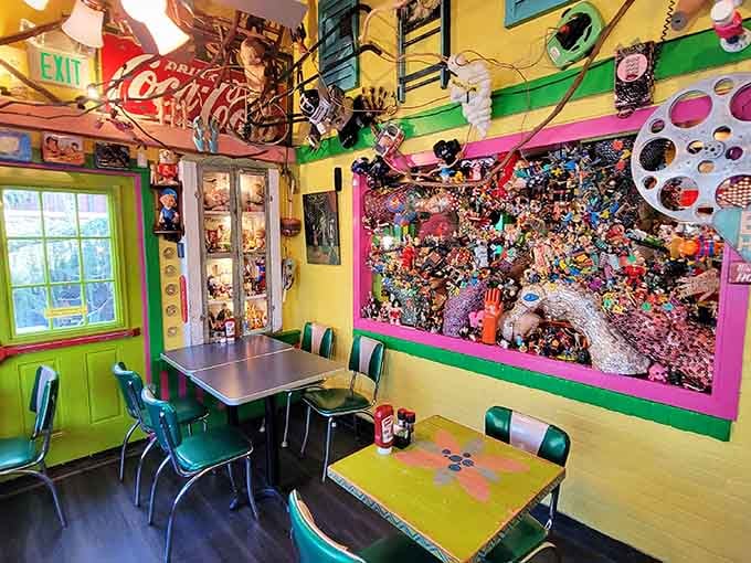 Every wall, every corner, every inch tells a different story. Somewhere in that pink-framed display case lives an entire universe of collected treasures.