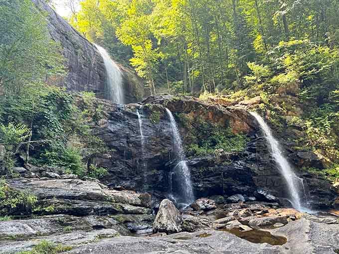 Two waterfalls sharing one rock face, like nature decided one simply wasn't enough for this crowd.