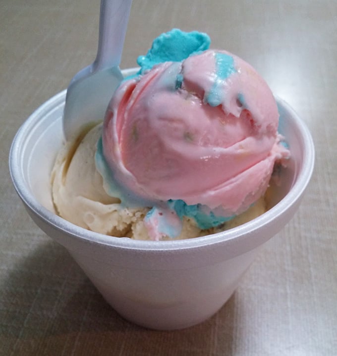Pink and blue swirled ice cream proves that dessert after hot dogs isn't optional, it's mandatory.