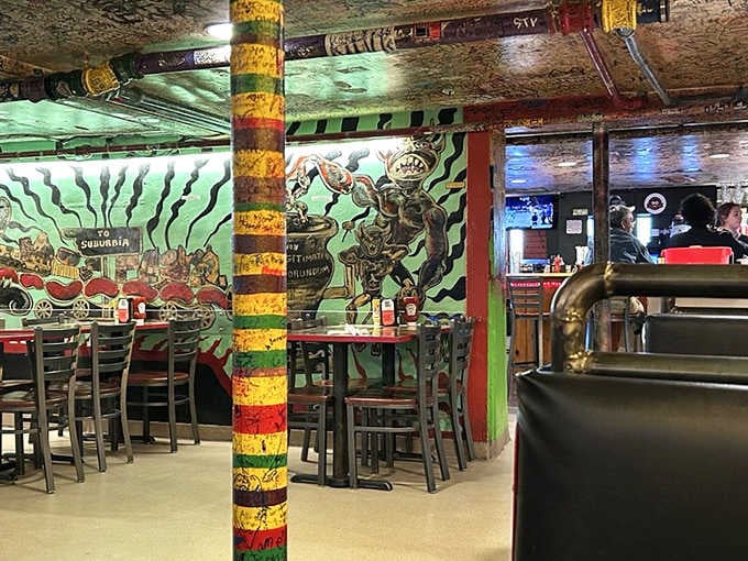 Painted columns, wild murals, and exposed brick. The Sink's interior is a visual feast before the food even arrives.