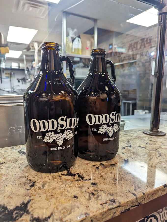 Odd Side Ales growlers ready to go, because great sandwiches deserve equally great Michigan craft beer alongside them.
