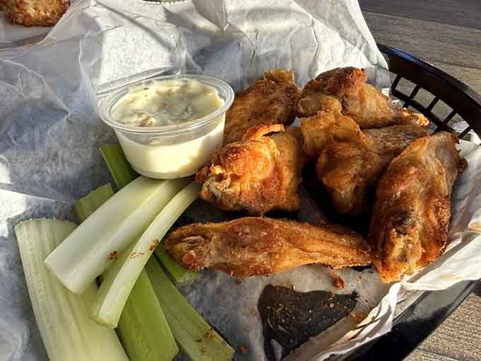 Crispy wings, celery sticks, and a creamy dipping sauce, this basket is a Maryland afternoon done absolutely right.